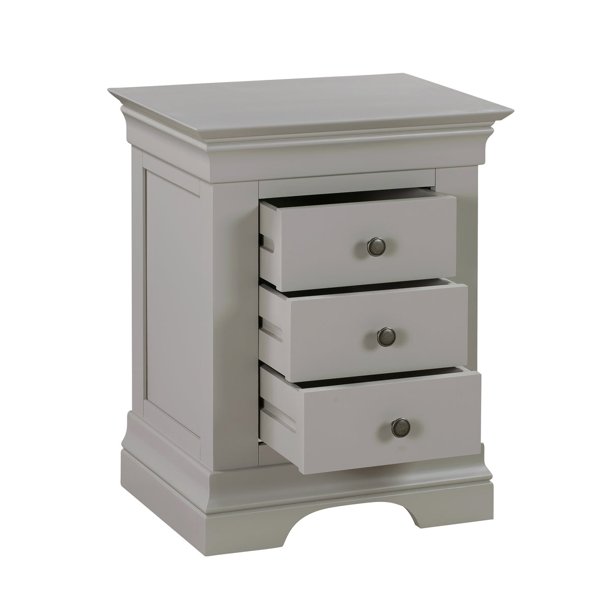 Chantilly Pebble Grey 3 Drawer Bedside Table – HomePlus Furniture